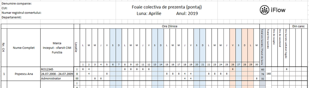 Model pontaj pe locații pentru firme de construcții - Aprilie 2019