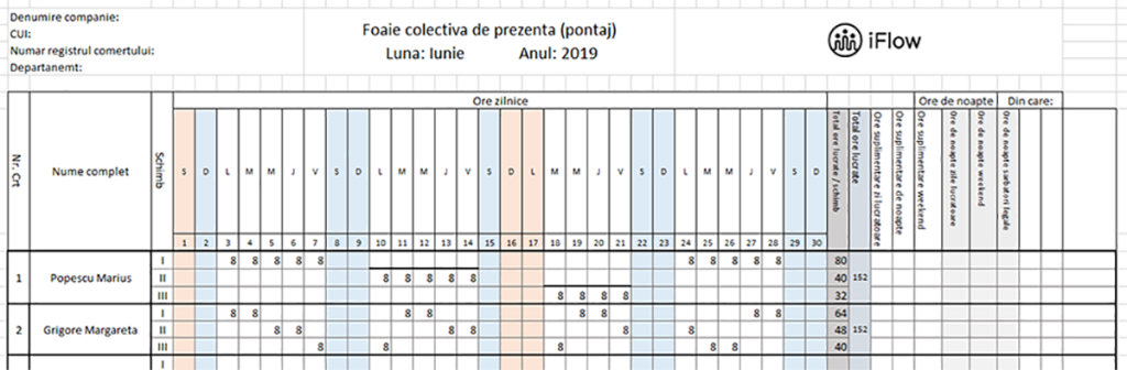 Model pontaj pe schimburi - Iunie 2019 - Model Pontaj