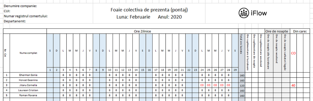 Model pontaj simplu – Februarie 2020 - Model Pontaj