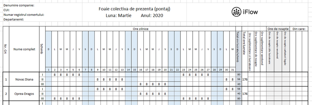 Model pontaj pe schimburi – Martie 2020 - Model Pontaj