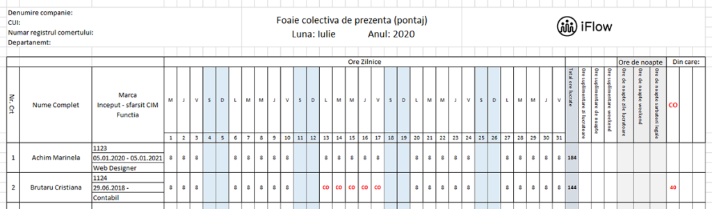 Model pontaj cu marcă Iulie 2020 - pentru companii mari - Model Pontaj