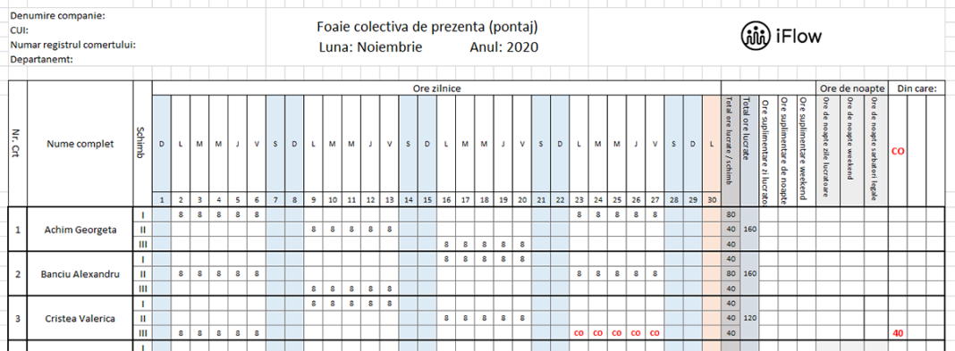 Model pontaj pe schimburi Noiembrie 2020 - Model Pontaj