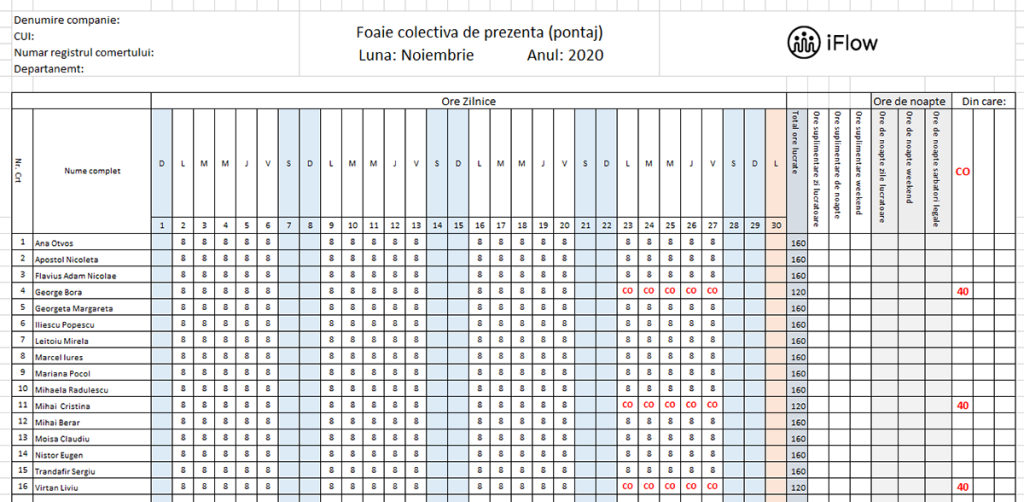 Model pontaj simplu Noiembrie 2020 - Model Pontaj