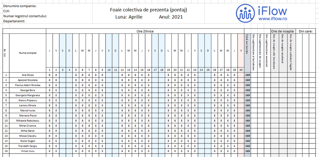 Model pontaj simplu Aprilie 2021 - Model Pontaj