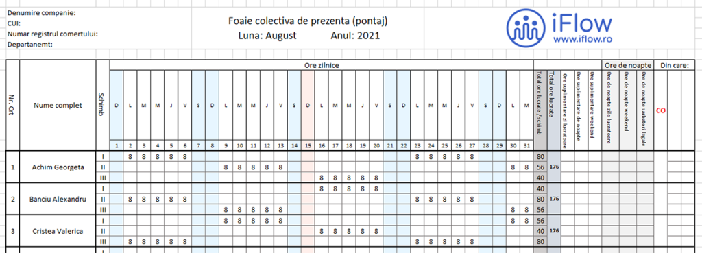 Model pontaj pe schimburi August 2021 - Model Pontaj