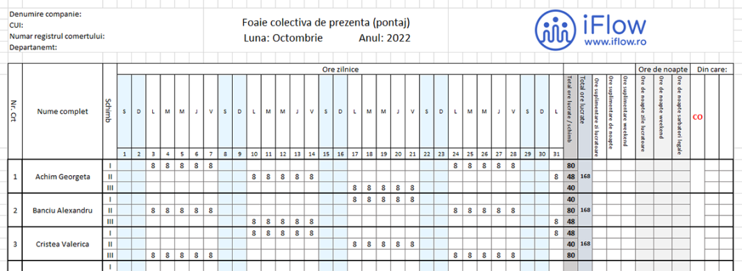 Model pontaj pe schimburi Octombrie 2022 - Model Pontaj