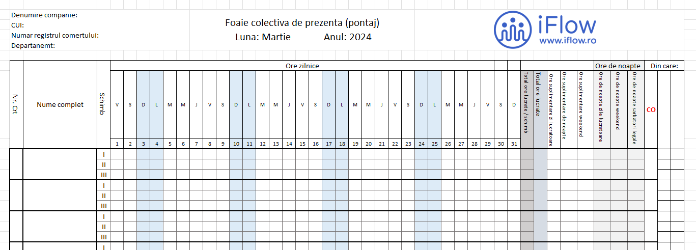 Model pontaj pe schimburi – Martie 2024