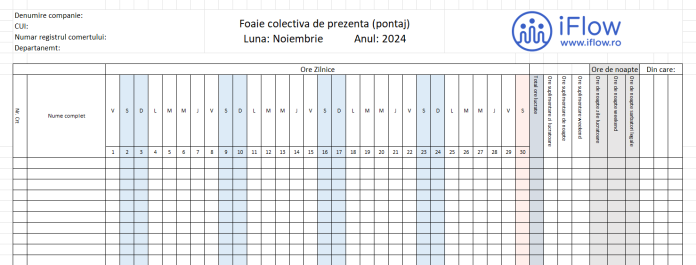 Model pontaj simplu – Noiembrie 2024 - Model Pontaj
