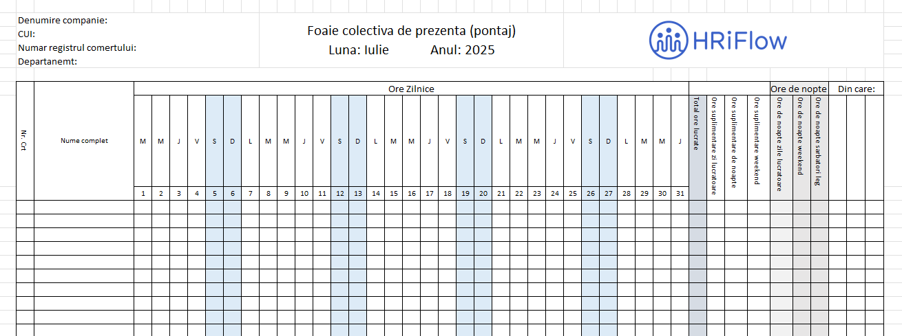 Model pontaj simplu – Iulie 2025 - Model Pontaj